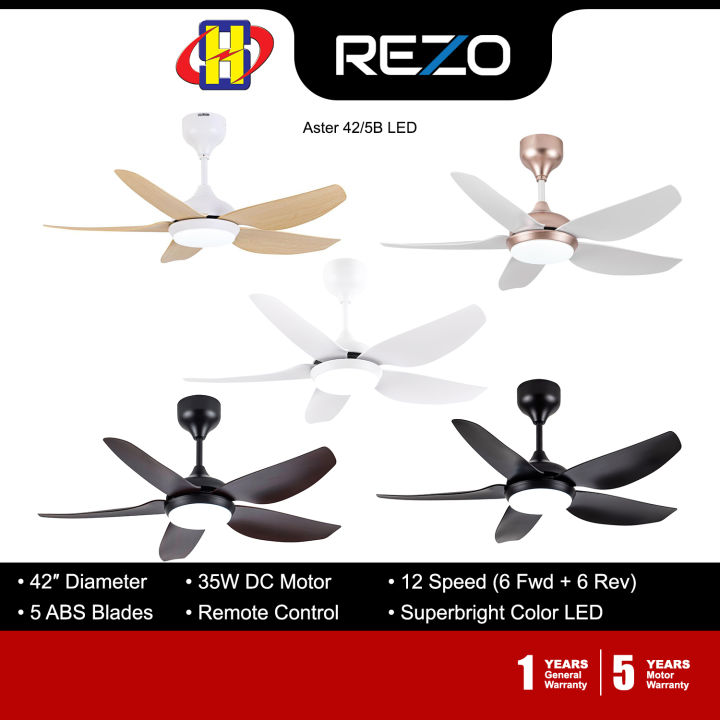 Rezo Ceiling Fan (42 Inch)(Matt Black/Matt White/Dark Wood/Light Wood/Rose Gold) 5 Blades LED ...