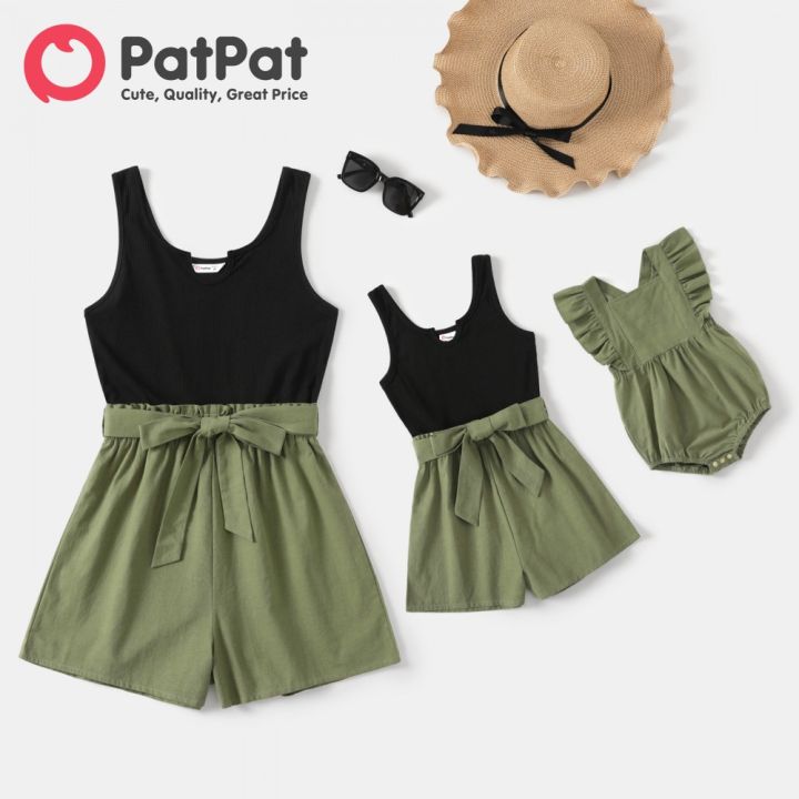 PatPat 100% Cotton Ribbed and Solid Splicing Sleeveless Belted Romper for Mom and Me | Lazada PH