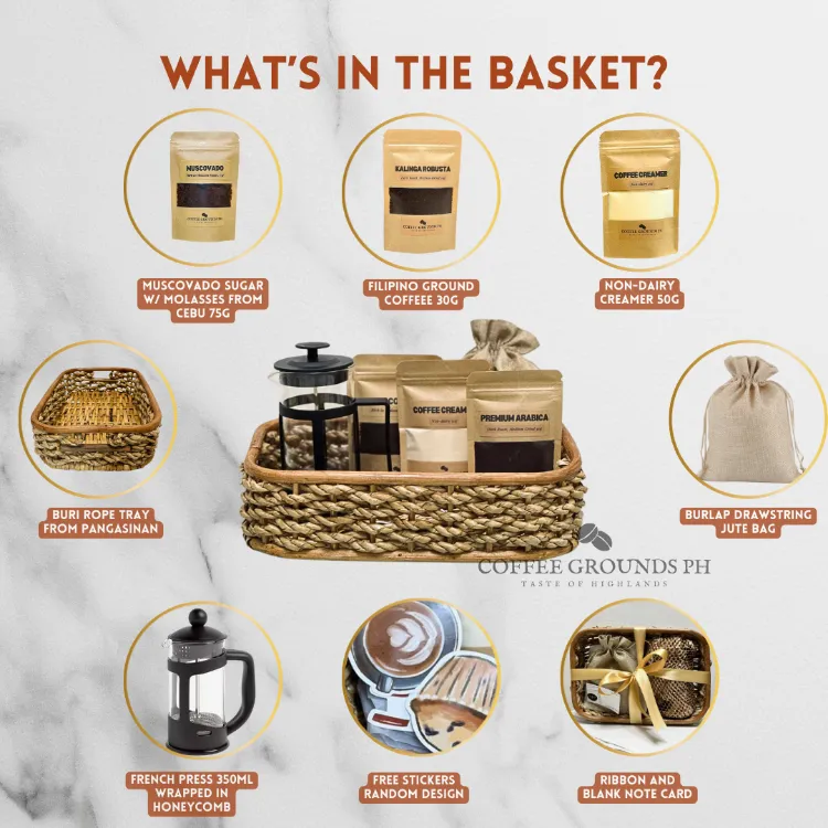Coffee Gift Basket Set - French Press, Coffee, Muscovado Sugar, Creamer ...
