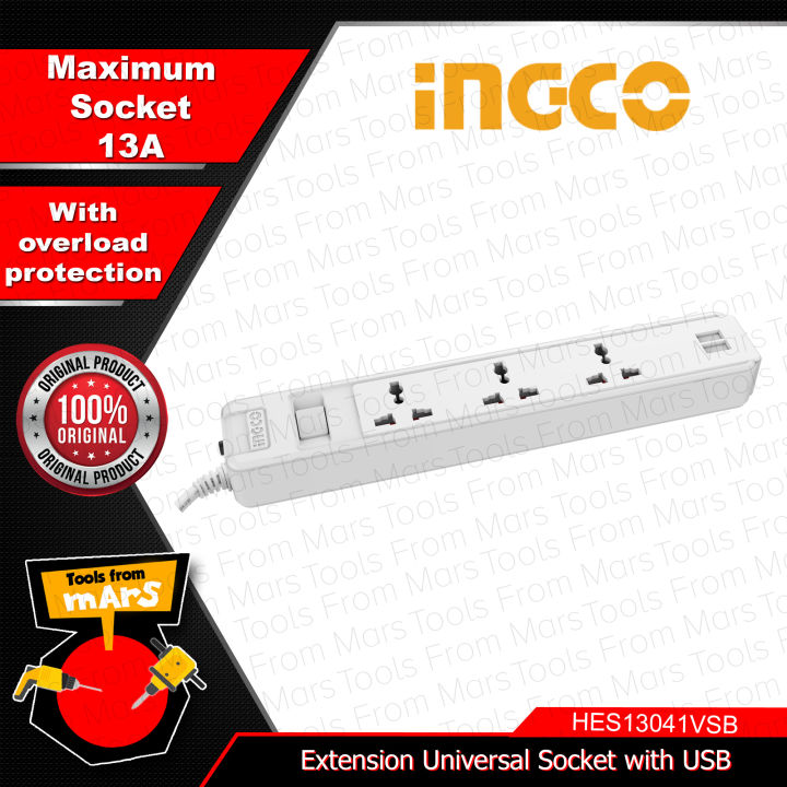 INGCO 3 Way Extension Cord Universal Socket Outlet with USB HES13041VSB ...