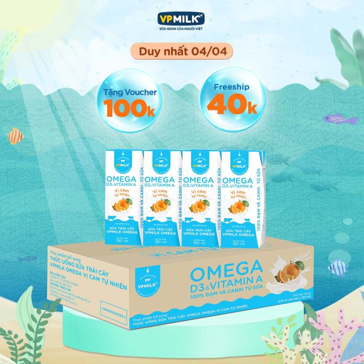 [Thùng 48 hộp 180ml] Sữa trái cây VPMILK Omega vị CAM tự nhiên hộp dành cho bé trên 1 tuổi ...