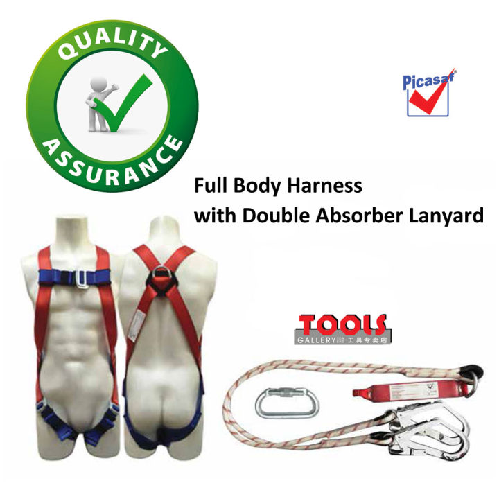 Picasaf 980215 Full Body Harness with Double Absorber Lanyard/Large Hook/Safety Harness/Fall ...