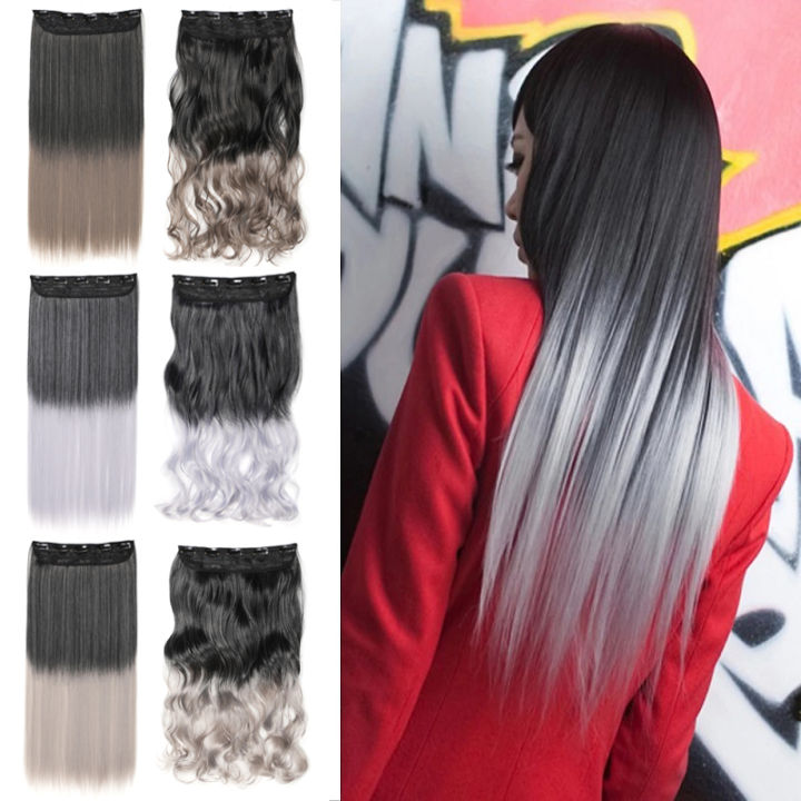 24Inch Synthetic Long Straight Hair Extension Black Gray Color Clip in ...