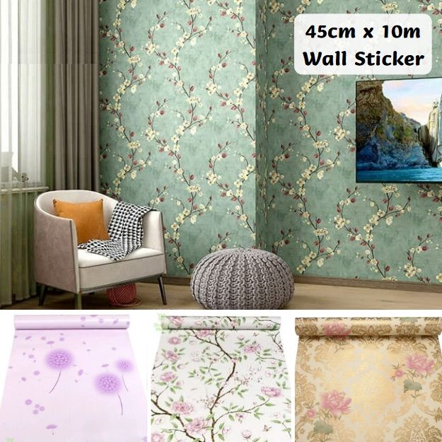 45cm x 10m Kertas Dinding Bunga Lukis/ Stiker Bunga Mewah/ Flowers ...