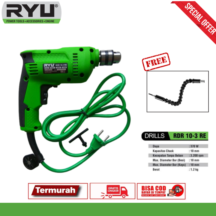 RYU Mesin Bor Tangan Listrik Bolak Balik 10mm Bor Besi Kayu RDR 10-3 RE ...