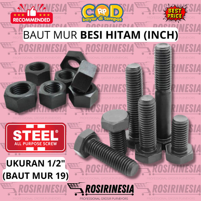 BAUT MUR HEX Kunci 19 - 1/2" X (UKURAN TINGGAL PILIH) UNC Besi Hitam ...