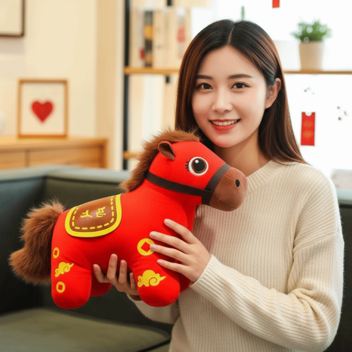 KIRIN แดง ของเล่นตุ๊กตาม้า ปีม้า 2026 ตัวอักษรพิมพ์ ตุ๊กตาม้าการ์ตูน ...
