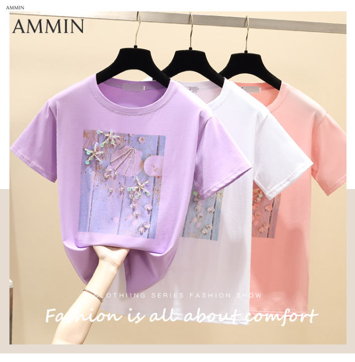 AMMIN 2022 summer new sequined diamond beaded short-sleeved printed T ... AMMIN 2022 summer new sequined diamond beaded short-sleeved printed T ...