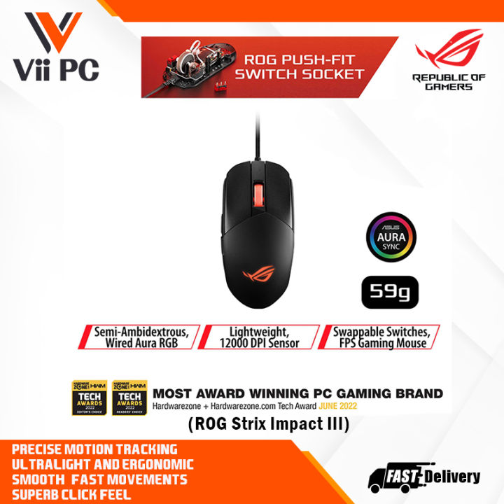 Asus ROG Strix Impact III Gaming Mouse, Semi-Ambidextrous, Wired ...