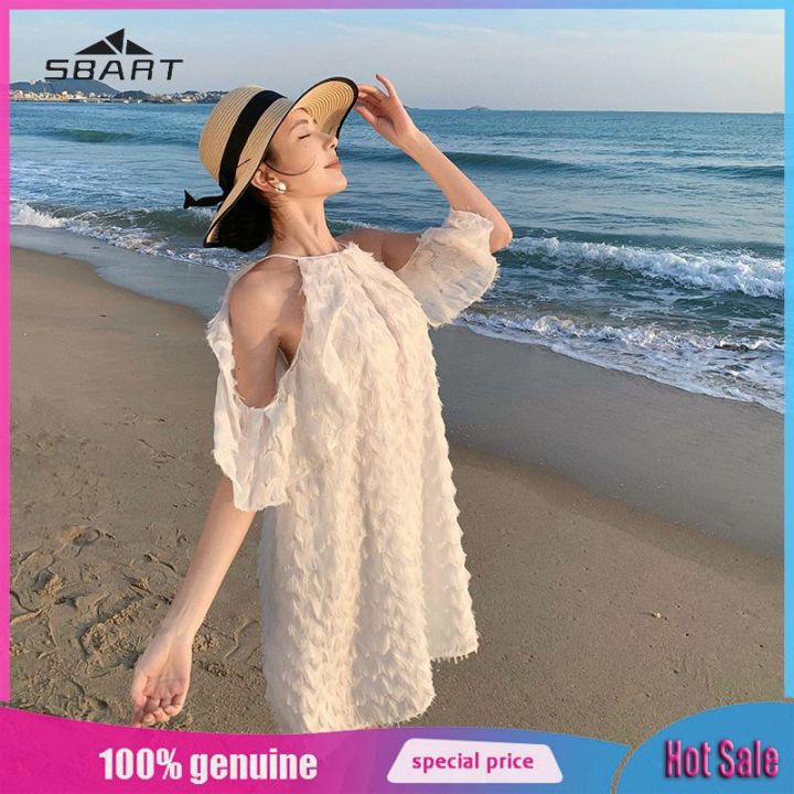 SBART เดรสคล้องคอเปิดไหล่สีขาวชีฟองกระโปรงสั้นเดรสสไตล์ชุดสายเดี่ยว | Lazada.co.th