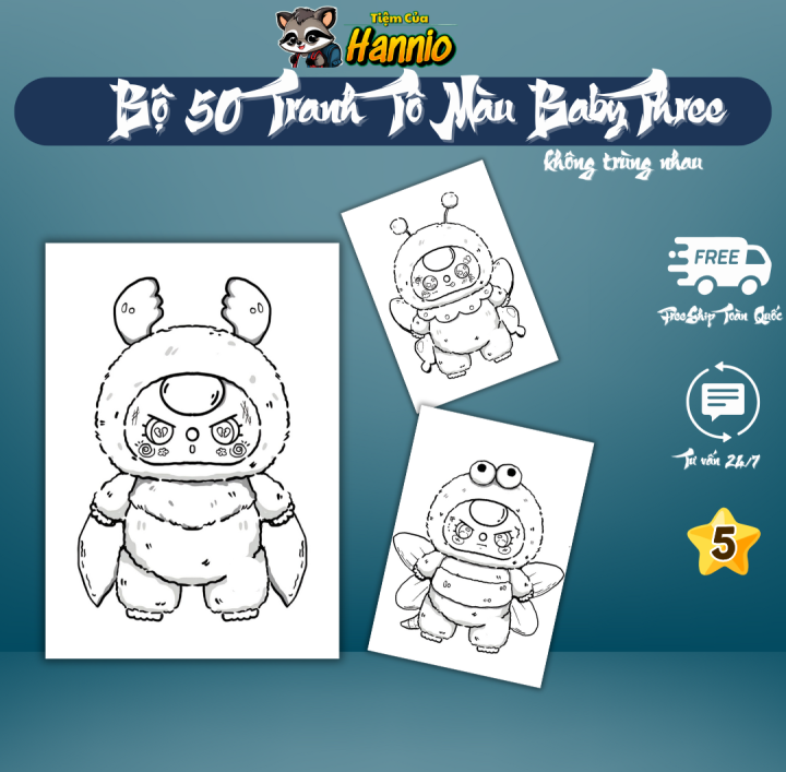 Baby Three - Bộ 50 tranh tô màu A4 dùng màu Acrylic, màu nước, bút sáp ...