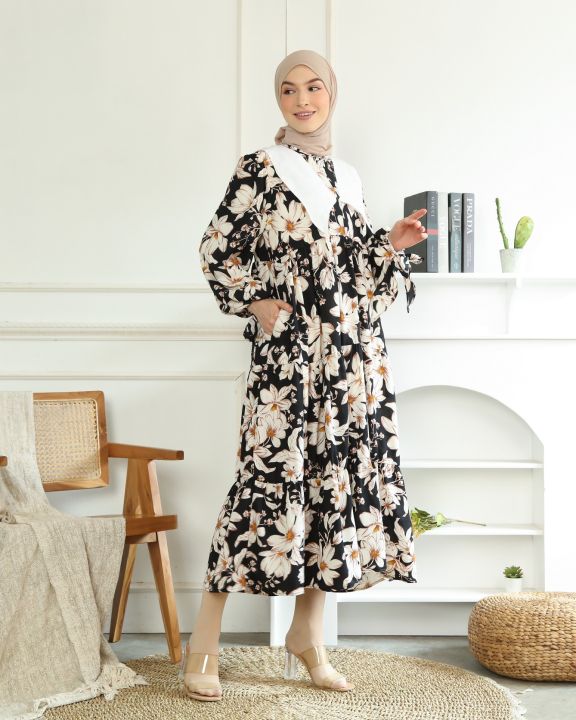 Flower Black Long Midi Dress Busui Friendly | Lazada Indonesia