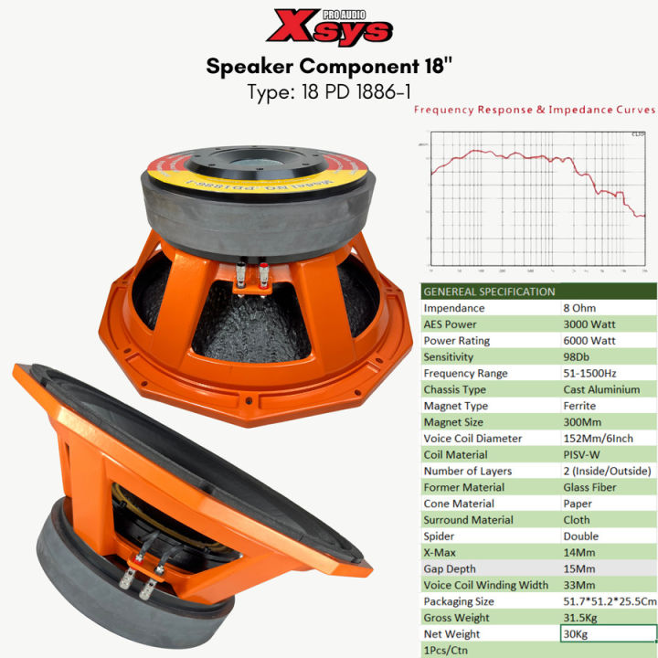 SPEAKER KOMPONEN 18INCH XSYS DOUBLE MAGNET PD 1886-1 COIL 6" | Lazada ...