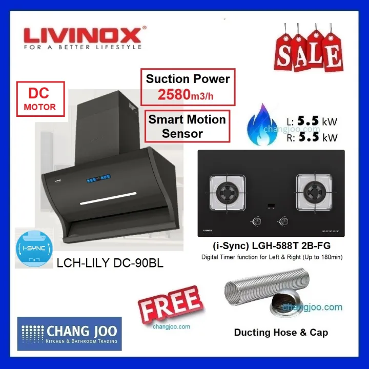 LIVINOX LCH-LILY DC-90BL COOKER HOOD + (i-Sync) Gas Hob Package | Lazada