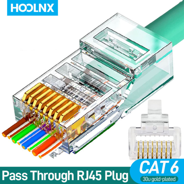 HOOLNX Pass Through RJ45 Connectors, RJ45 CAT6A CAT6 CAT5E Pass Through Connectors 30u Gold ...