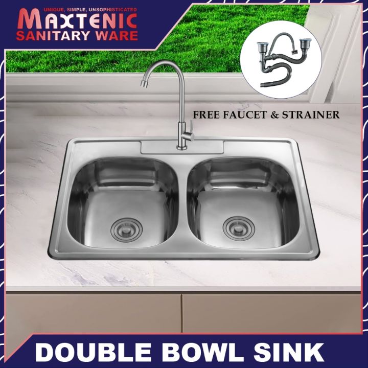 ☉SUS 304 STAINLESS DOUBLE BOWL KITCHEN SINK WITH DRAINER☁ | Lazada PH