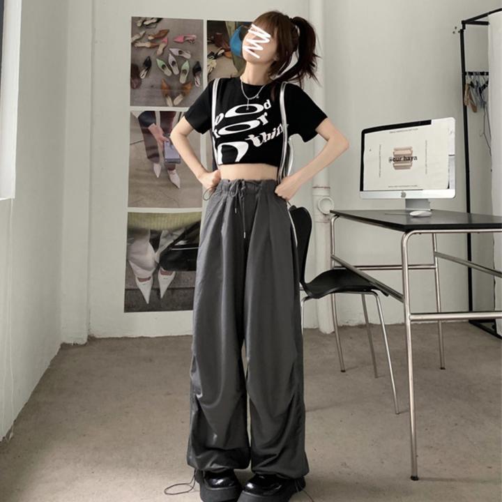 groove_grace กางเกงคาร์โก้แบบมีเชือกรูดย้อนยุคสไตล์อเมริกัน ผ้าบางใส่สบาย สีพาสเทลน่ารักมาก งาน ...