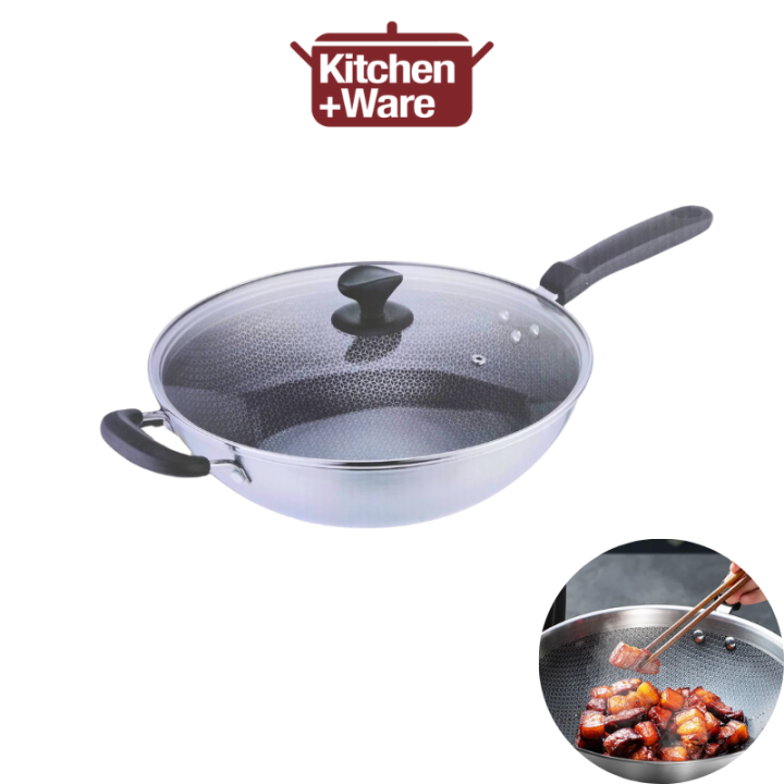 TOYU Non-stick Wok 316L Stainless Steel Stir Fry Pan 32CM with Glass ...