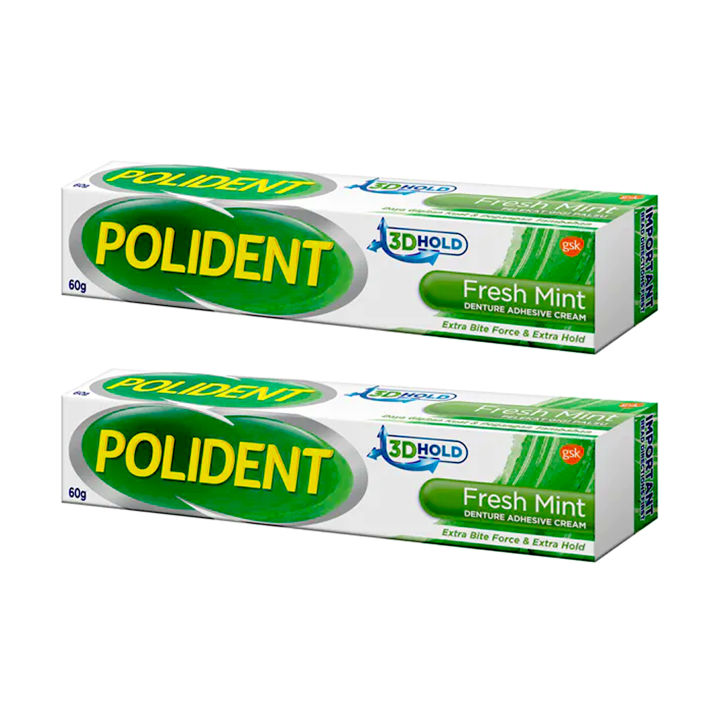 POLIDENT Denture Adhesive Fresh Mint Cream 2 TUBES (60g per tube ...
