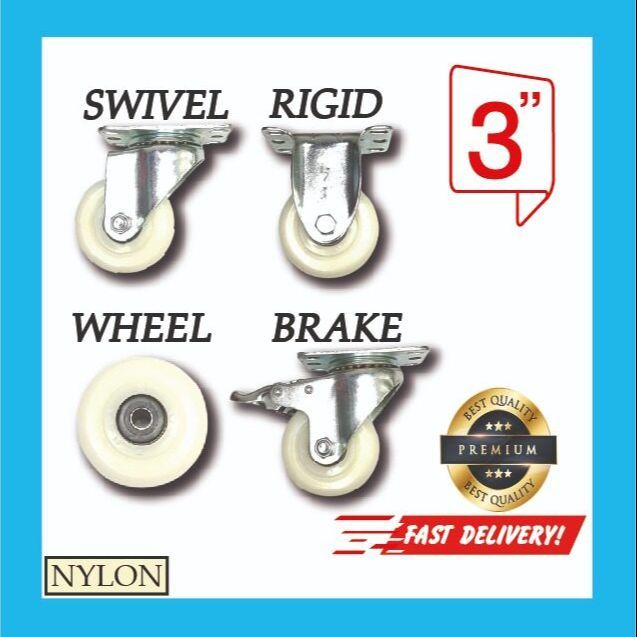 3" (75mm) HEAVY DUTY NYLON SWIVEL/RIGID/BRAKE CASTOR/CASTER ROLLER RODA ...