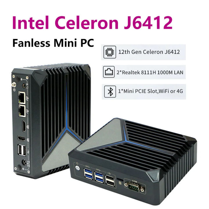 Fanless Mini PC 12th Gen Celeron J6412 2 LAN 8 USB 2 HD DDR4 3200MHz SSD Dual Lan Industrial PC ...