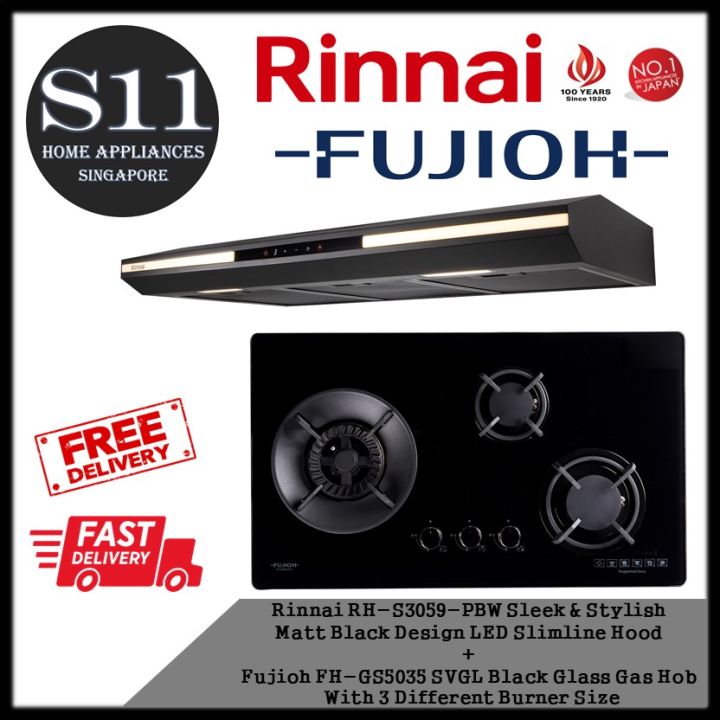 Rinnai RH-S3059-PBW Sleek & Stylish Matt Black Design LED Slimline Hood + Fujioh FH-GS5035 SVGL ...