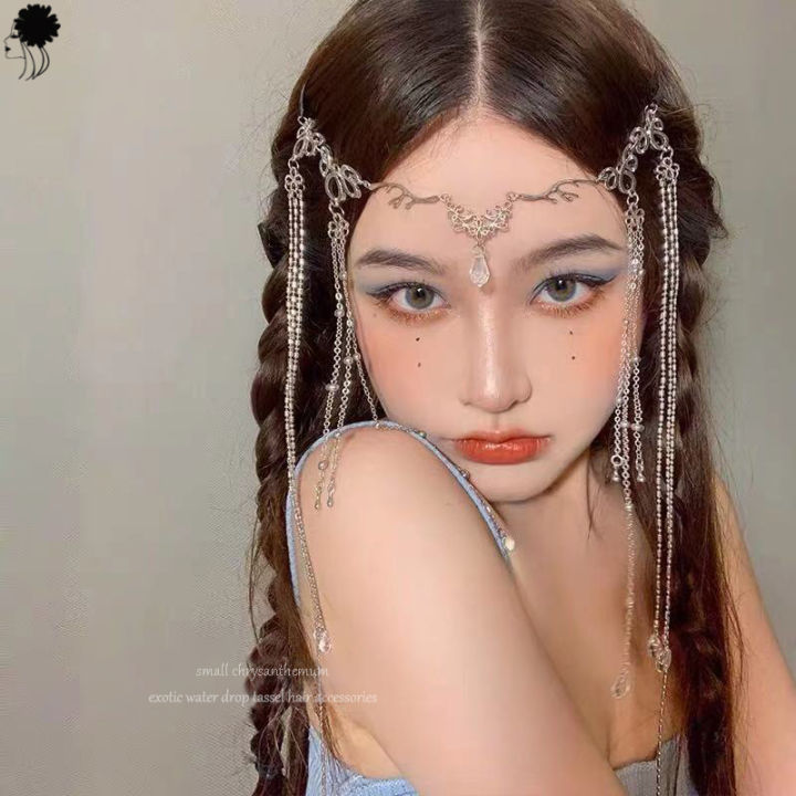 【small chrysanthemum】Romantic Wedding Rhinestone Fringed Forehead Chain ...