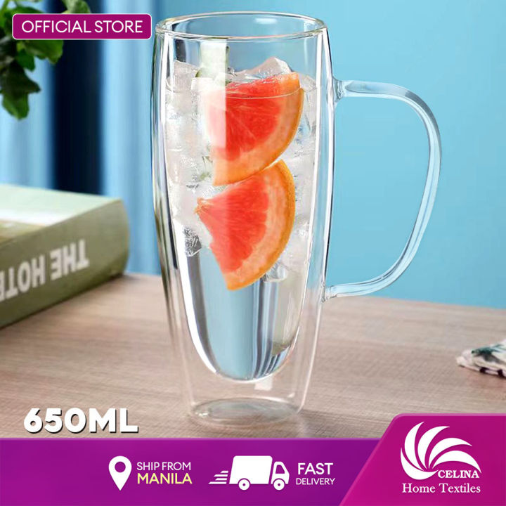 Celina 650ml Double Wall Glass With Handle Drinkware Clear Coffee Teacup Water Glass | Lazada PH