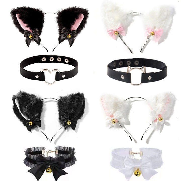 2pcs Cat Ear Bow Headband Necklace Cosplay Rabbit Ear Plush Bell ...