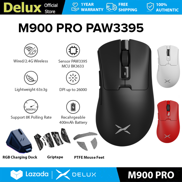 Delux M900 PRO PAW3395 Gaming Mouse DPI MAX 26000 Wired 2.4G Wireless Rechargeable with RGB ...