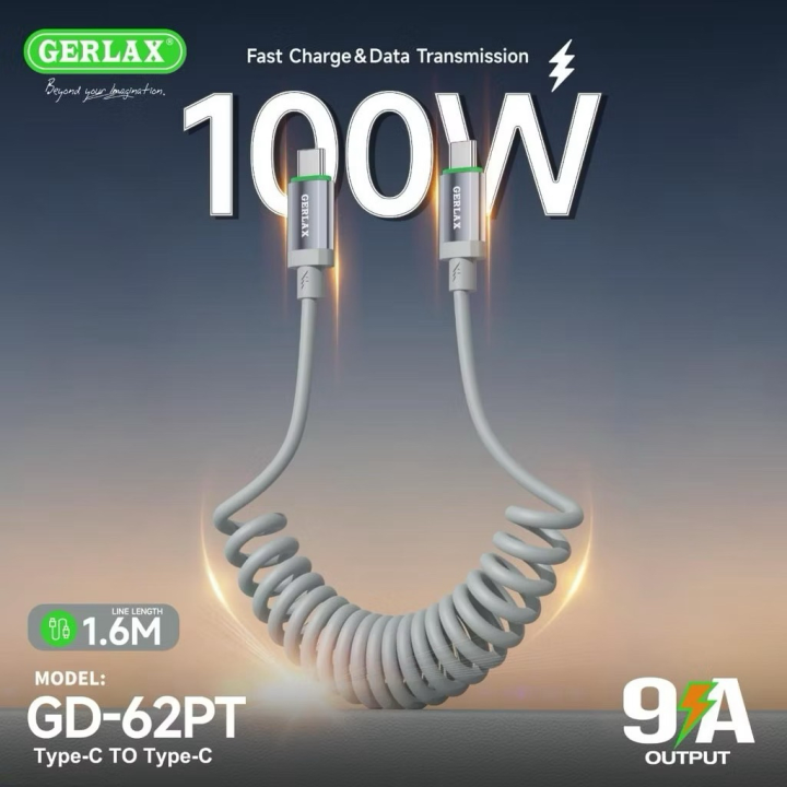 GERLAX Cable Data Spiral Type C TO C Output 9A Super Fast Charging 100W ...