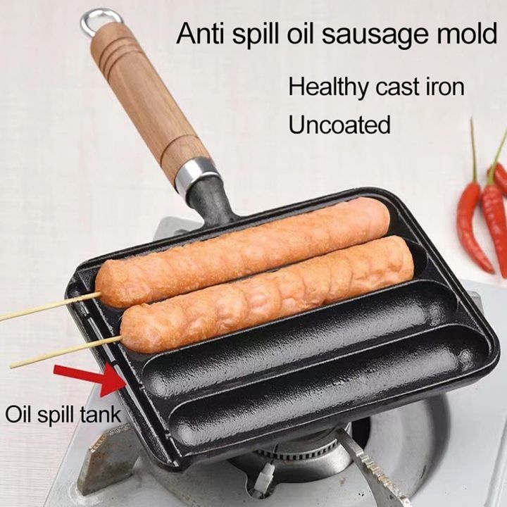 Chảo nướng xúc xích khuôn đúc kèm tay cầm bằng gỗ cao cấp. | Lazada.vn