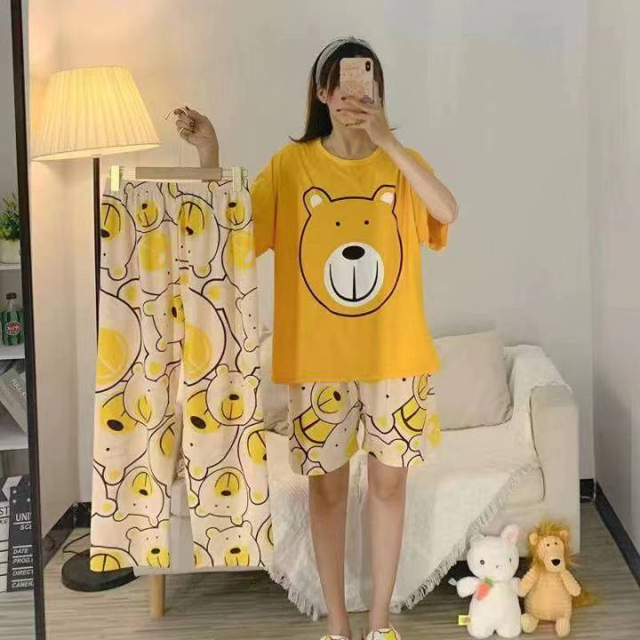 Set of 3pcs Cartoon Pajama Set Shortsleeve Cute Cotton Sleepwear ...