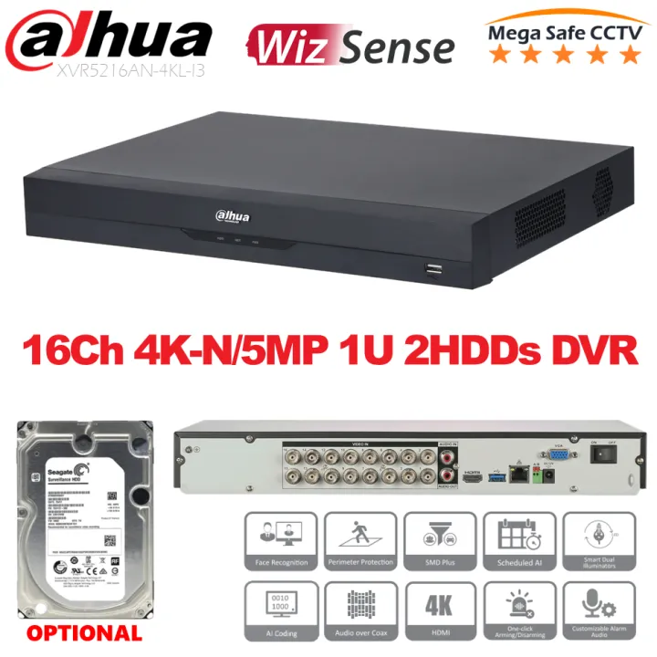 Dahua DH-XVR5216AN-4KL-I3 16CH 4K-N/5MP WizSense DVR, 1U 2HDDs Digital Video Recorder, Penta ...