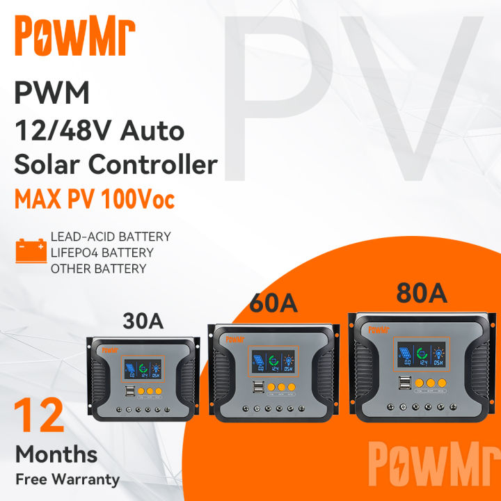 PowMr 30A/60A/80A PWM ตัวควบคุมการประจุพลังงานแสงอาทิตย์และตัวควบคุมการ ...