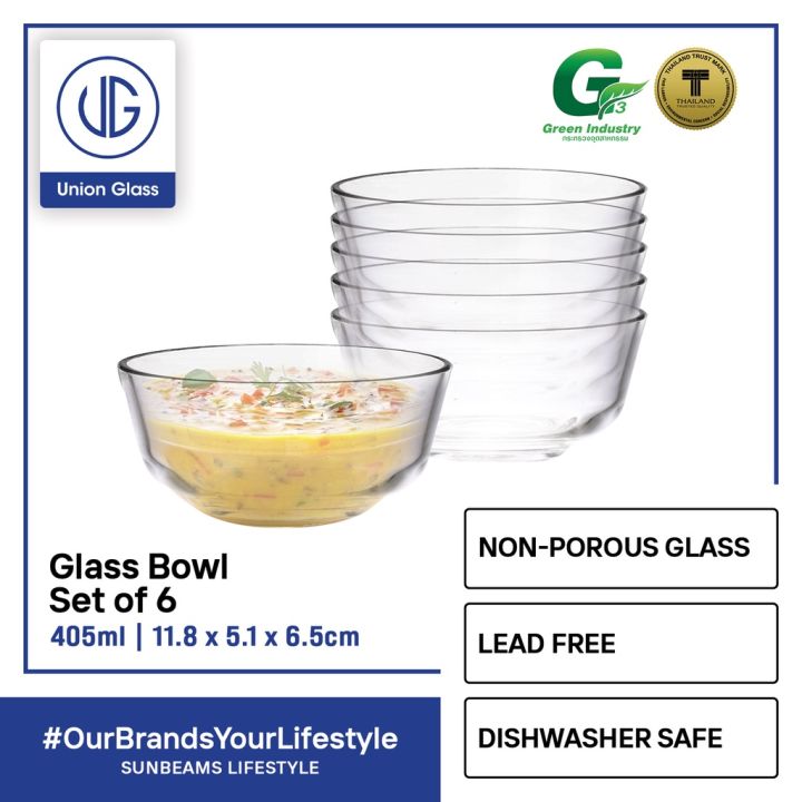 UNION GLASS Clear Glass Bowl 405ml | 4.6oz | 4.6 inches [Set of 6 ...