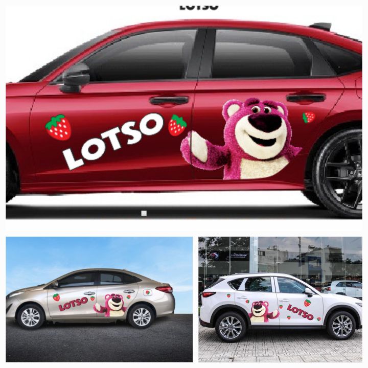 Tem gấu dâu Lotso dán ô tô (1 bộ), decan trang trí sườn xe 4 chỗ,7 chỗ ...