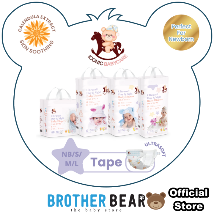 Iconic Babycare Ultrasoft Day & Night Baby Diaper TAPE (NB30/S56/M52 ...
