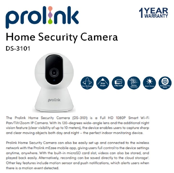 Prolink DS-3101 Home Security Camera Pan/Tilt 360° 1080p Night Vision ...