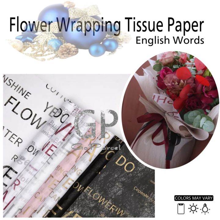 ( 1 Pak - 20 Lembar ) ENGLISH WORDS - FLOWER WRAPPING TISSUE PAPER ...