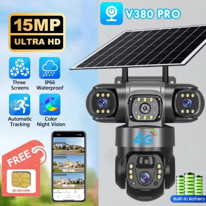 4G SIM V380 Pro Three lens Solar CCTV Wireless Outdoor Waterproof ...