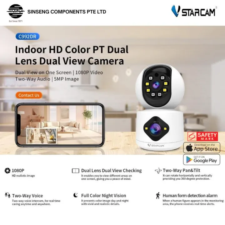 VStarcam C992DR Dual Lens Dual View 5MP Full Color Night Vision PTZ IP Camera with 2-Way Audio ...