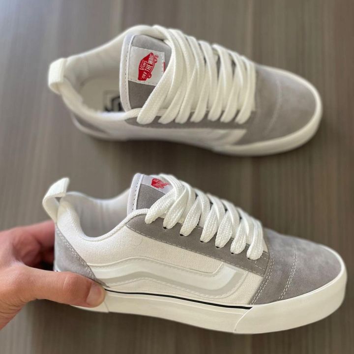 Sepatu Vans KNU Skool Premium Putih Abu-Abu dengan Sol Tebal dan Tali ...