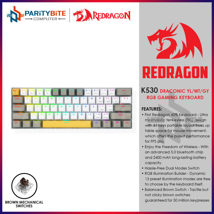 Redragon K530 Draconic Yellow White Grey RGB Brown Switches Wireless ...