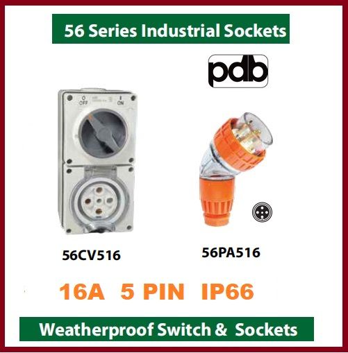 PDB 56CV516 56PA516 ISOLATOR WEATHERPROOF PLUG & SOCKET 16A 5 PIN IP66 ...