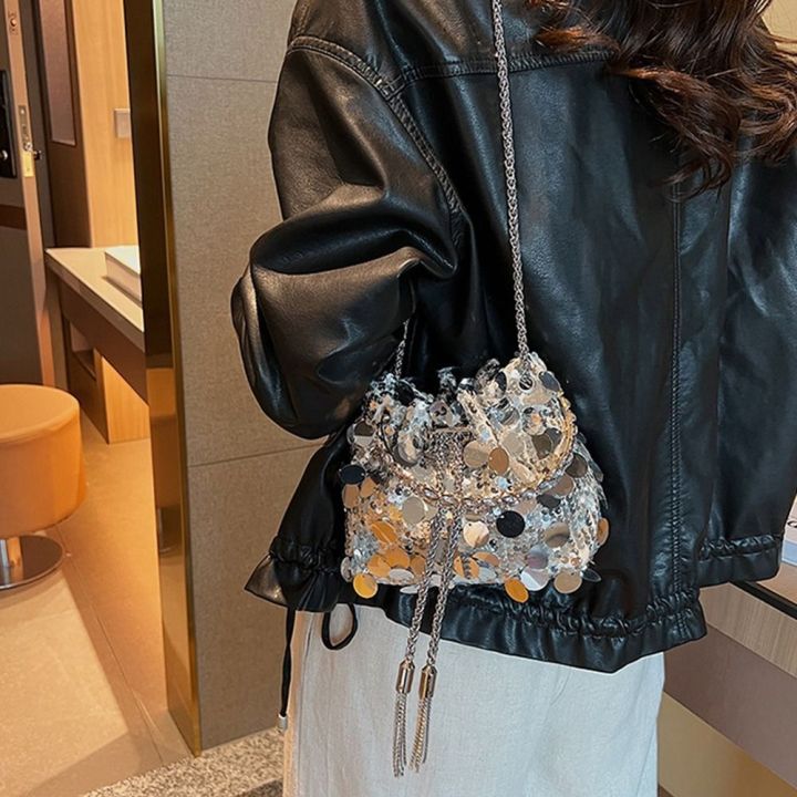 FUYONG เงางาม กระเป๋างานเลี้ยงตอนเย็น พร้อมที่จับกลม โซ่ห่วงโซ่ กระเป๋า ...