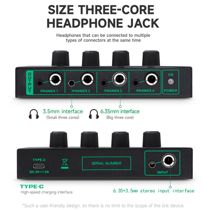 Headphone Amplifier 4 Channel Headphone Splitter Amplifier with 1/4" and 1/8" TRS Jack Input for ...