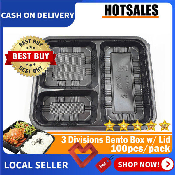 【Ready Stock】100pcs Disposable Bento Box 3 division/grid with lids ...