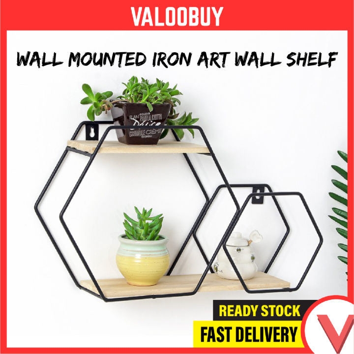 Wall Mounted Iron Art Wall Shelf Double Hexagon Iron Hanging Storage ...