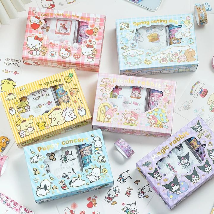 Sanrio Sticker Roll Gift Box Cute Hello Kitty Cinnamoroll Kuromi My Melody Pompompurin Hand ...